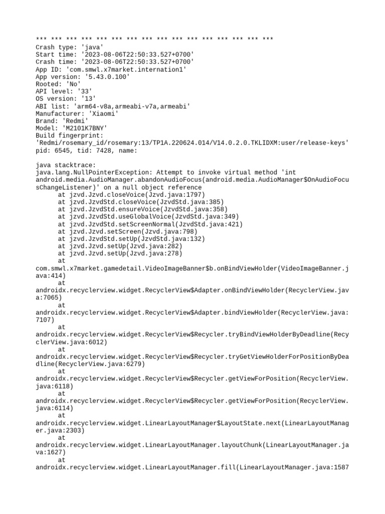 Java NullPointerException Crash Log | PDF