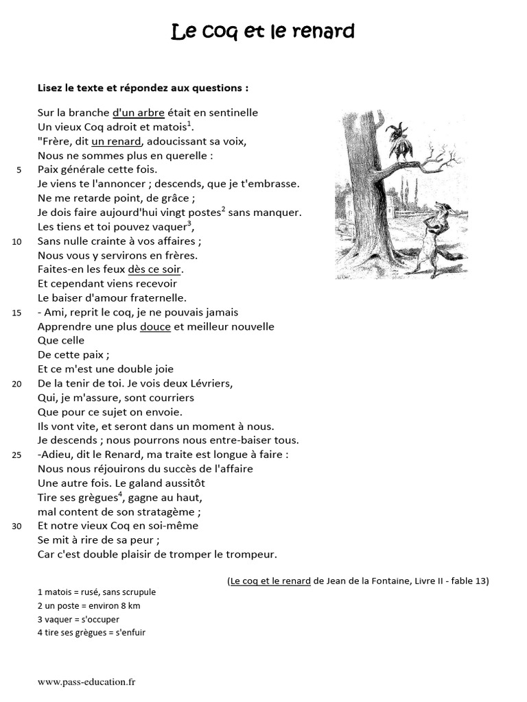 Le Coq Et Le Renard 6ème Lecture Fable Récit | PDF
