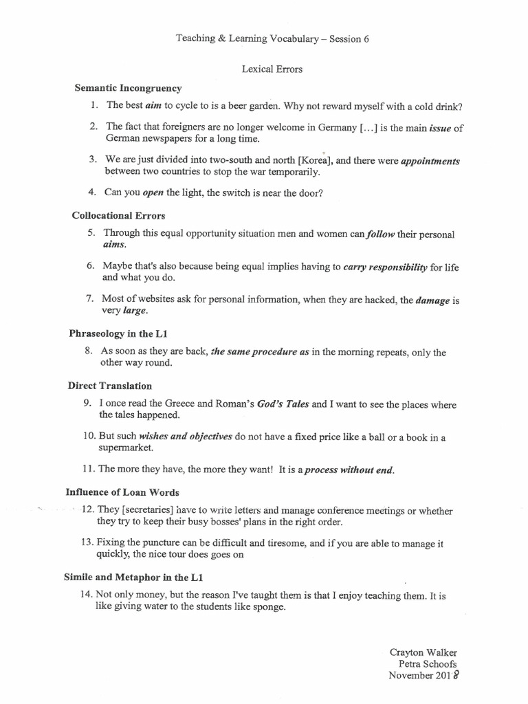 Key Worksheet Lexical Errors | PDF