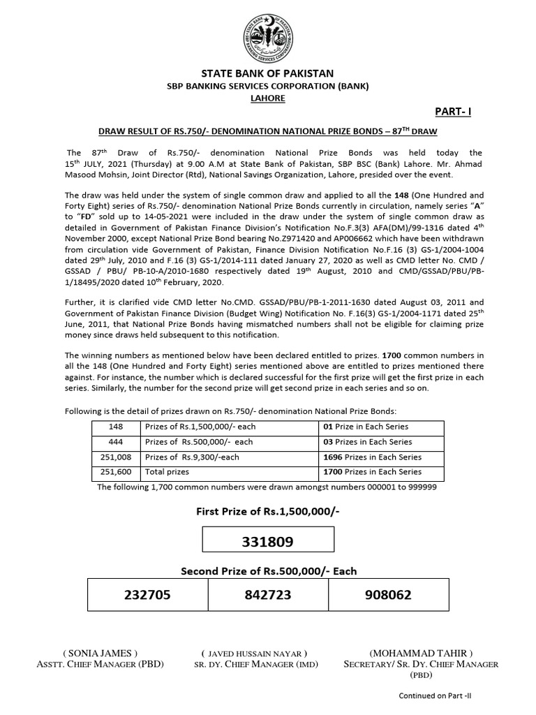 87th Draw Results of Rs.750 Prize Bonds | PDF | Government Of Pakistan ...