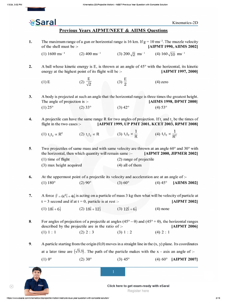 NEET Kinematics: Projectile Motion PYQs | PDF | Mechanics | Mechanical Engineering
