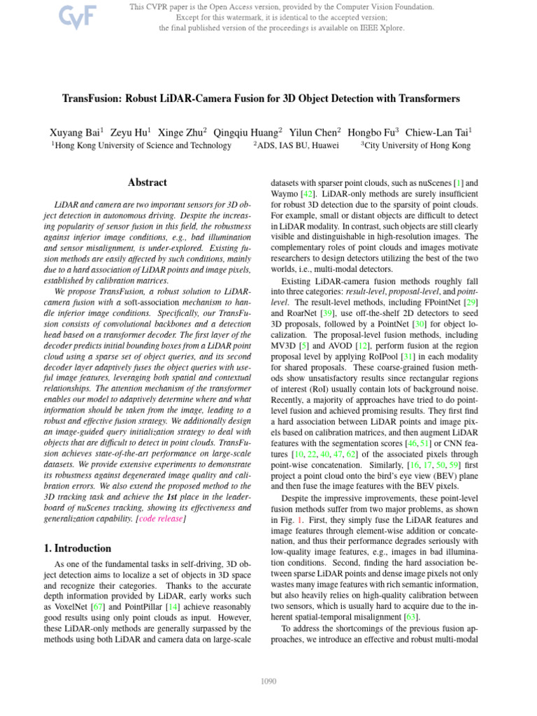 Bai TransFusion Robust LiDAR-Camera Fusion For 3D Object Detection With Transformers CVPR 2022 ...