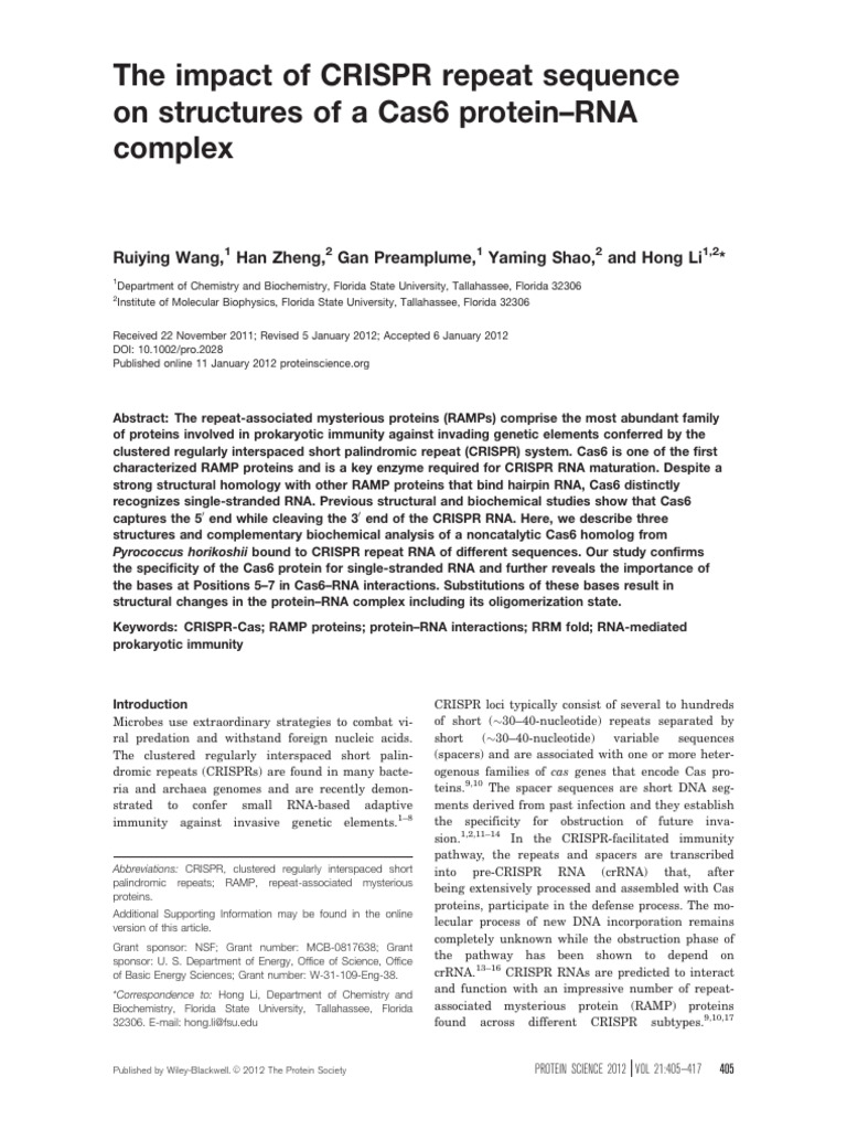The Impact of CRISPR Repeat Sequence On Structures of A Cas6 protein-RNA Complex | PDF