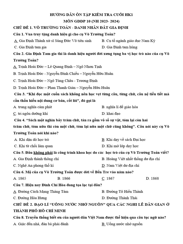 GDDP 10 - HƯỚNG DẪN ÔN TẬP HK1 | PDF