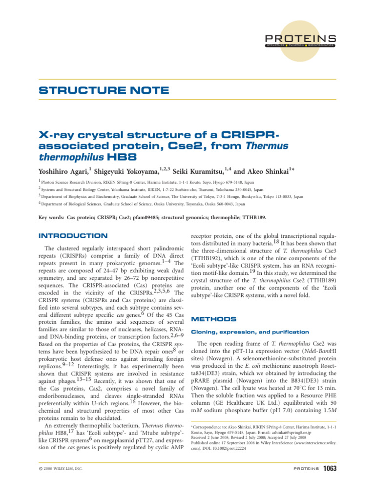 X-Ray Crystal Structure of A CRISPRassociated Protein, Cse2, From Thermus Thermophilus HB8 | PDF ...