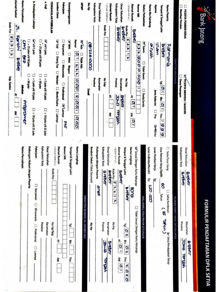 Contoh Formulir DPLK | PDF