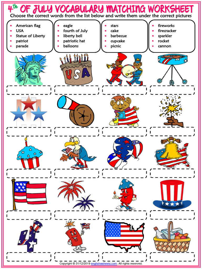 4th of July Vocabulary Esl Matching Exercise Worksheet For Kids | PDF