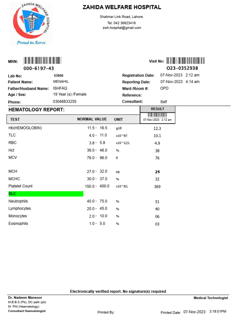 Hematology Report:: MRN: Visit No | PDF | Immunology | Diseases And ...