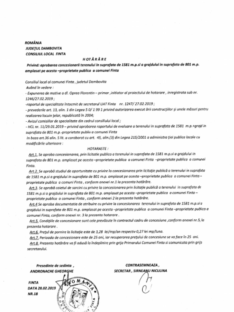 HCL Nr. 18 Din 28.02.2019 Concesionare Teren Proprietate Publica | PDF