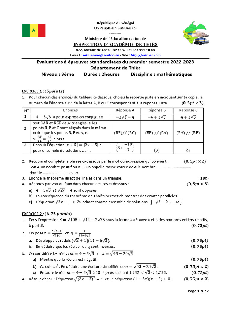 Devoir N°2 Maths 3ème BASSIN KHOMBOLE 1er Semestre 2022 2023 | PDF