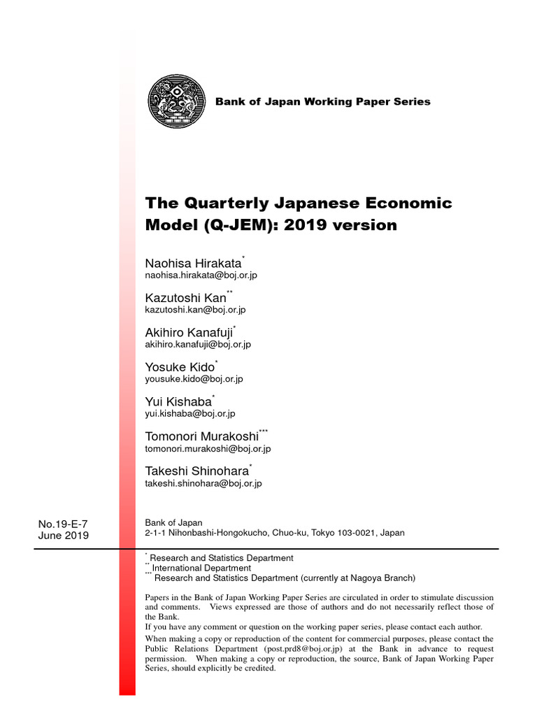 The Quarterly Japanese Economic Model (Q-JEM) : 2019 Version: Naohisa ...