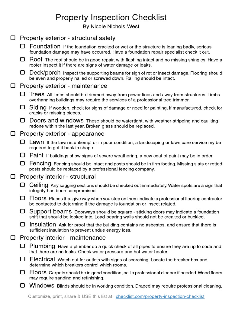 Property Inspection Checklist | PDF