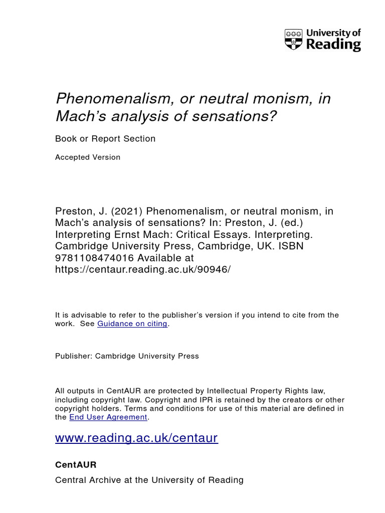Preston - Phenomenalism or Monism in AS | PDF | Idealism | Noumenon