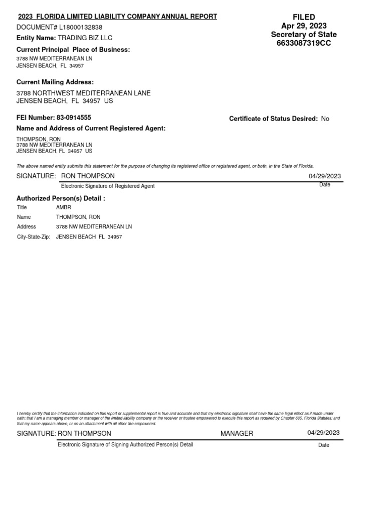 Florida LLC Annual Report 2023 | PDF | Registered Agent | Limited ...