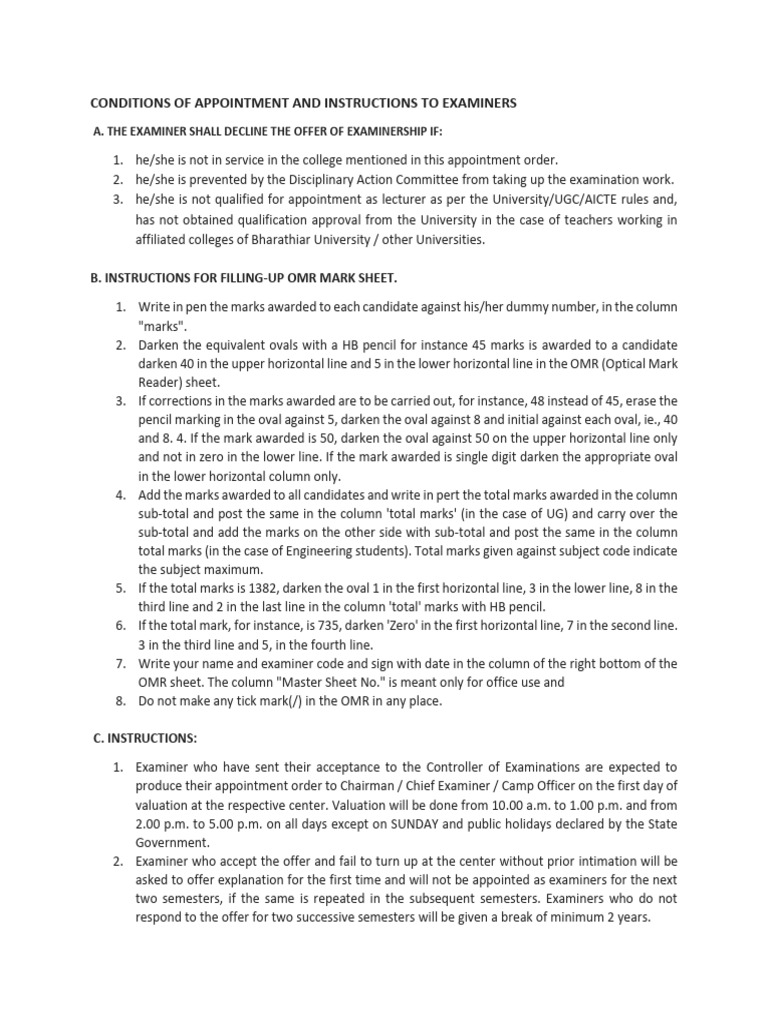 Conditions of Appointment and Instructions To Examiners | PDF