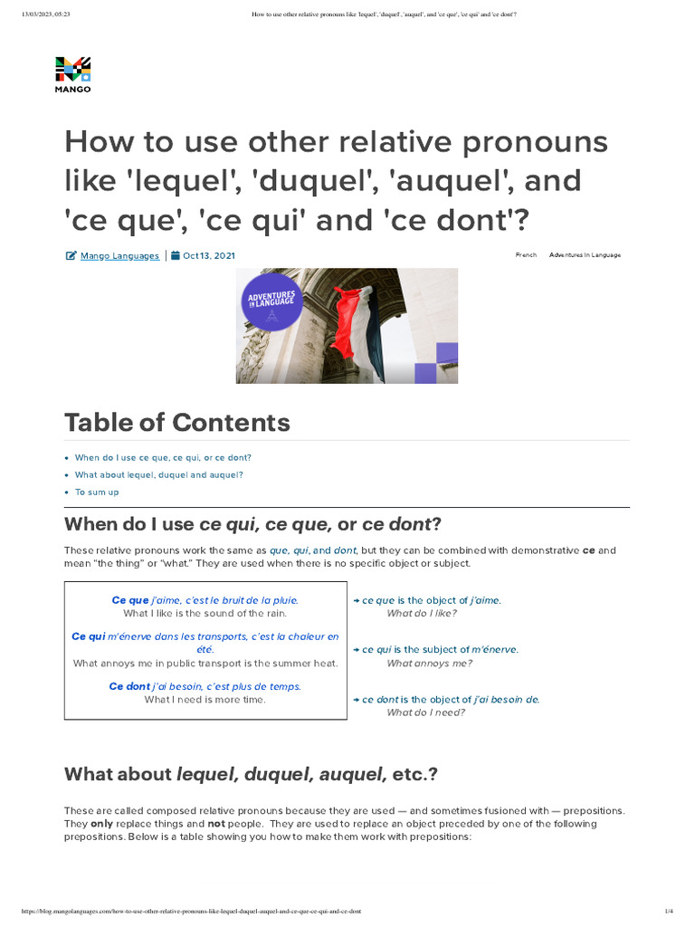How To Use Other Relative Pronouns Like 'Lequel', 'Duquel', 'Auquel ...