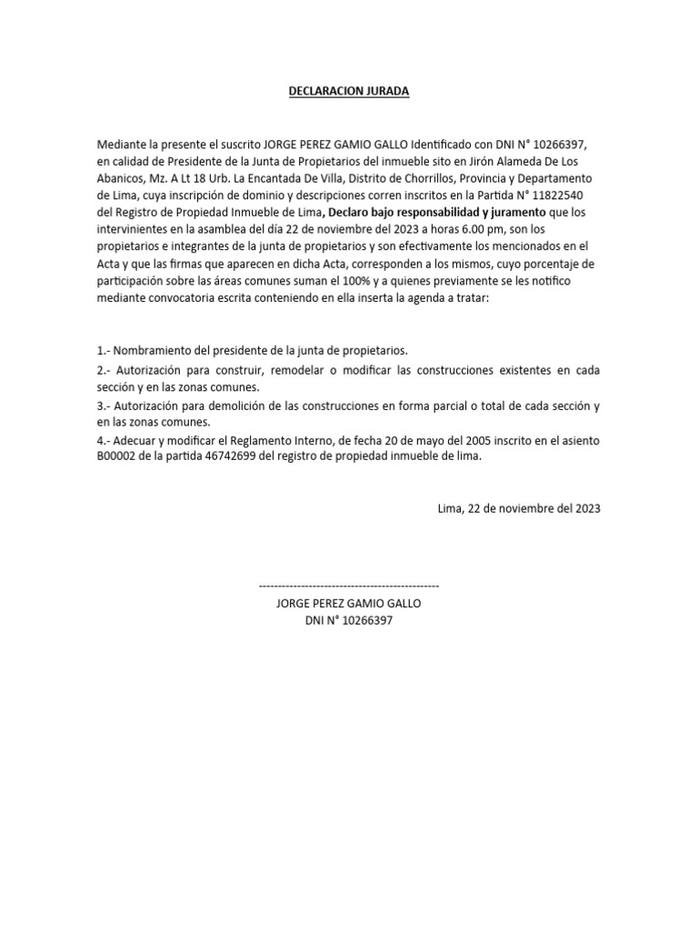 Declaracion Jurada Perez Gamio | PDF Declaracion Jurada Perez Gamio | PDF