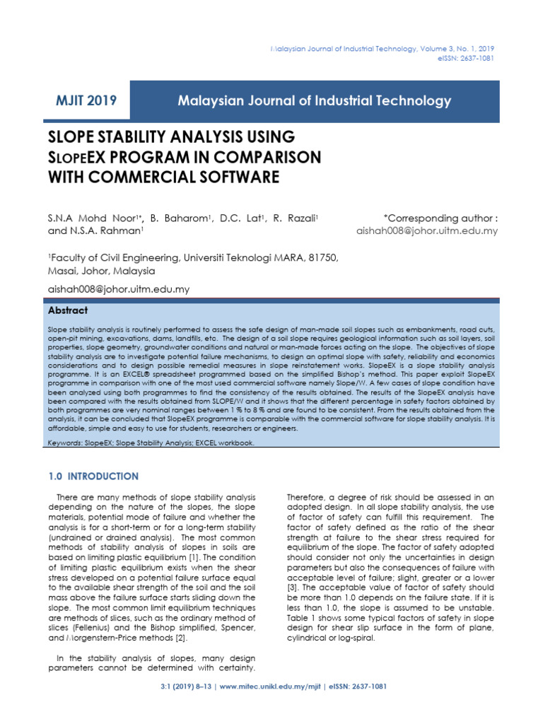 Slope Stability Analysis Using Slopeex Program in Comparison With ...