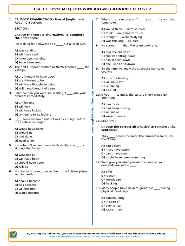 689 - Esl c1 Level MCQ Test With Answes Advanced Test 2 | PDF ...