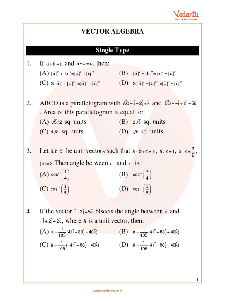 JEE Main Vector Algebra Important Questions (2022) | PDF | Euclidean ...