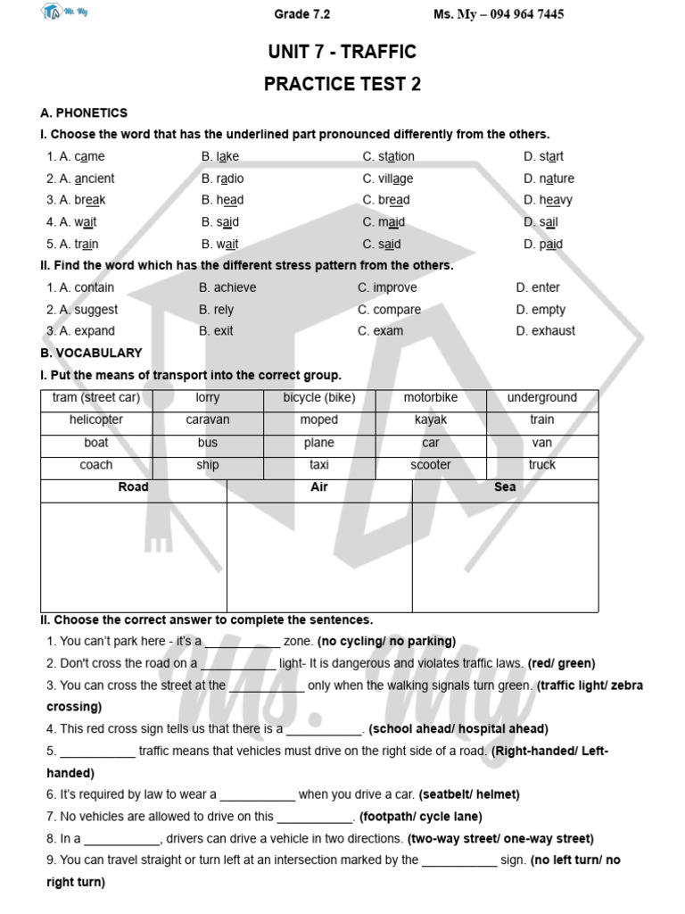 7th Grade English Unit 7 Practice Test | PDF | Traffic | Transport