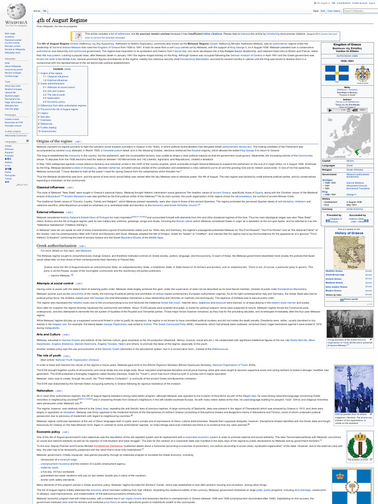 4th of August Regime - Wikipedia | PDF