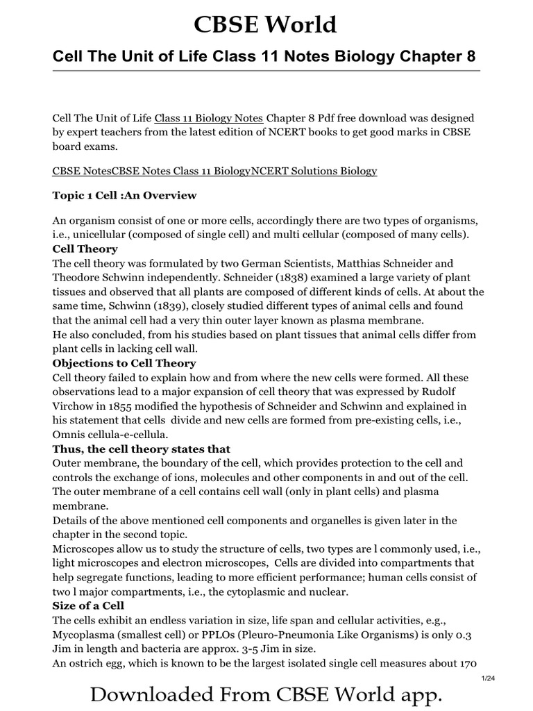 Cell The Unit of Life Class 11 Notes Biology Chapter 8-Min | PDF