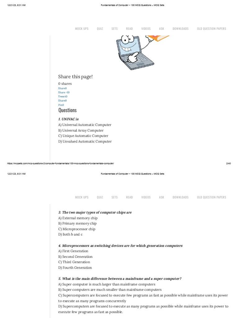 Computer Fundamentals: 100 MCQs | PDF | Computer Data Storage | Random Access Memory