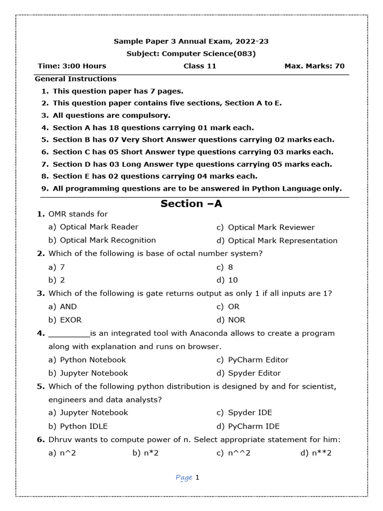 Sample Paper 3 Class XI Annual Exam CS | PDF