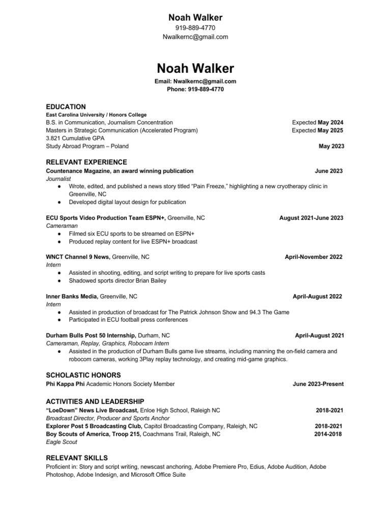 Noah Walker Resume | PDF | Mass Media