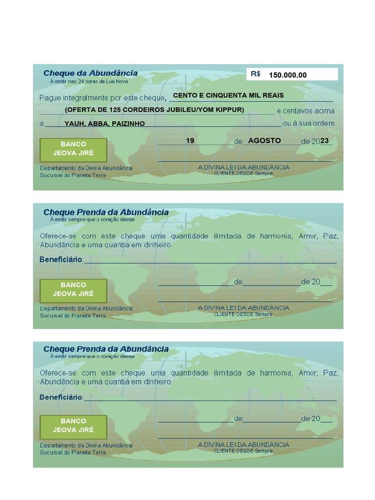 1 Cheque Da Abundância + 2 Cheques Presente Da Abundância para Imprimir ...