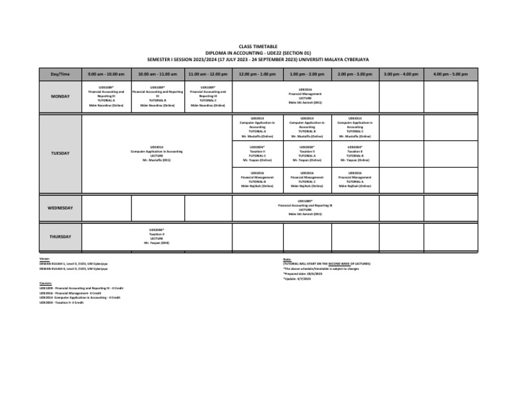 Class Timetable Semester I Sesi 2023 - 2024 Ude22 Section 01 - 14.7.23 ...