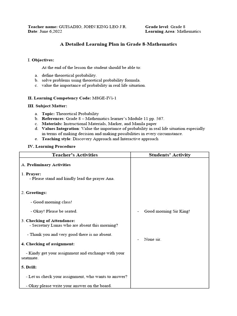 Theoretical Probability Lesson Plan | PDF