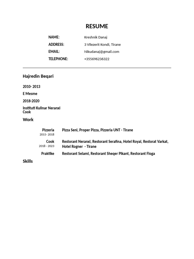 Culinary Resume of Kreshnik Danaj | PDF