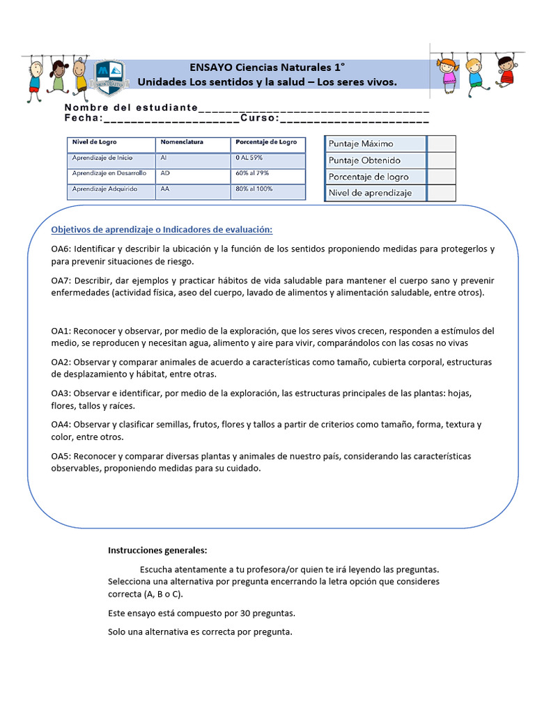 Ensayo I CS 1° | PDF | Alimentos | Plantas