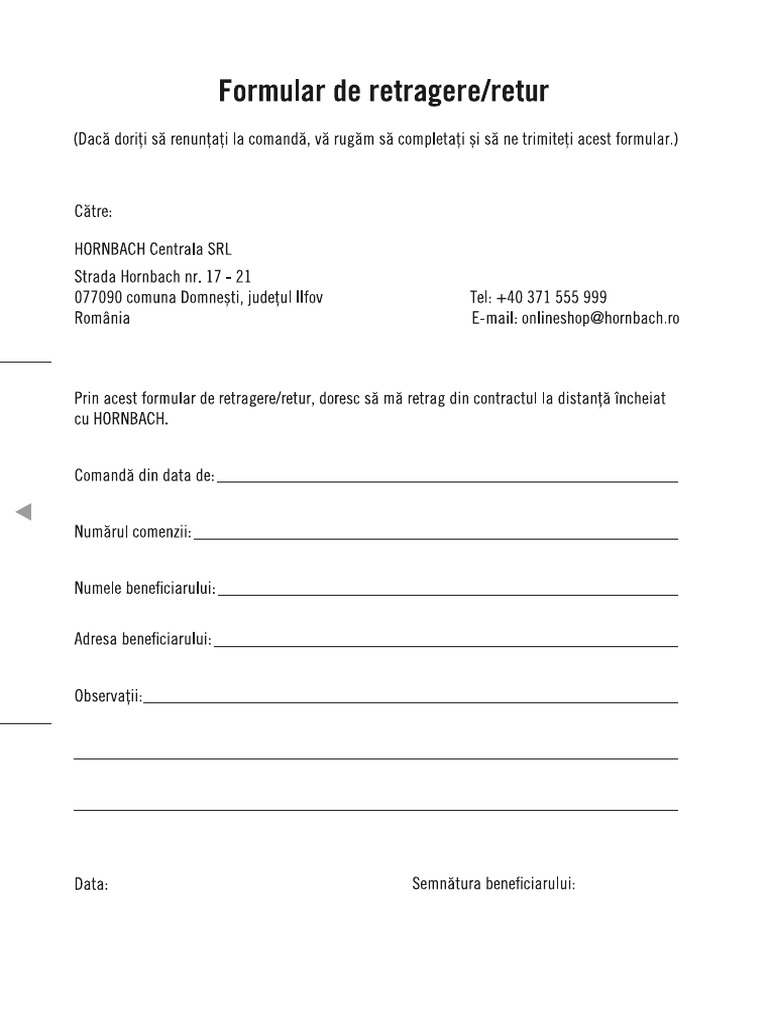 Formular de Retragere Retur Hornbach1 | PDF