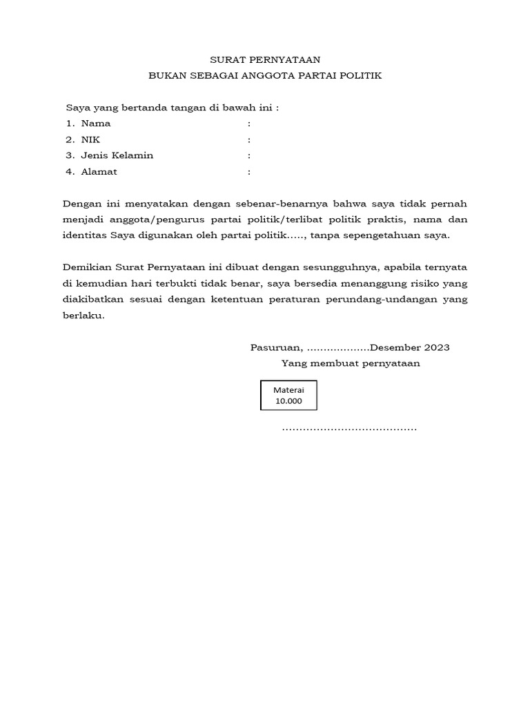 Surat Pernyataan Bukan Sebagai Anggota Parpol (Bila Tercatut Dalam ... Surat Pernyataan Bukan Sebagai Anggota Parpol (Bila Tercatut Dalam ...