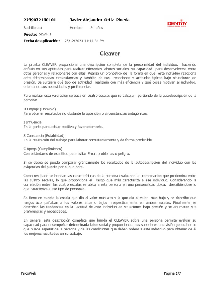 Evaluación de Personalidad CLEAVER | PDF | Sicología