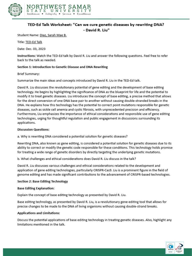 TED Ed Talk Worksheet Can We Cure Genetic Diseases by Rewriting DNA ...