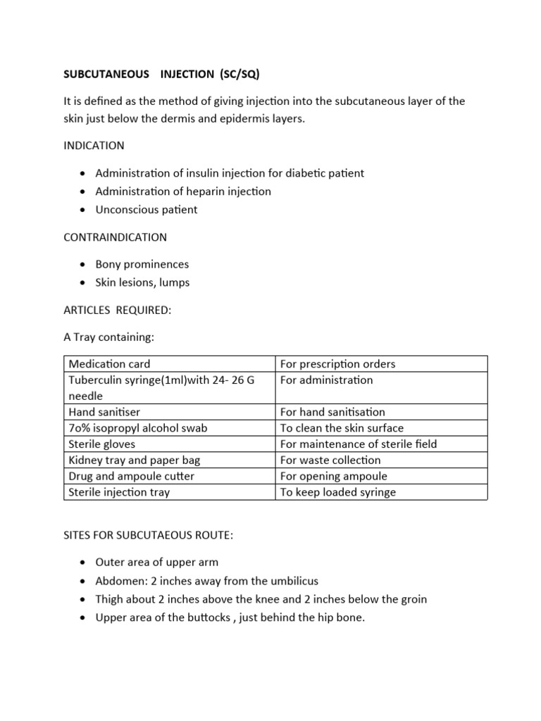 Injections SC | PDF | Injection (Medicine) | Clinical Medicine
