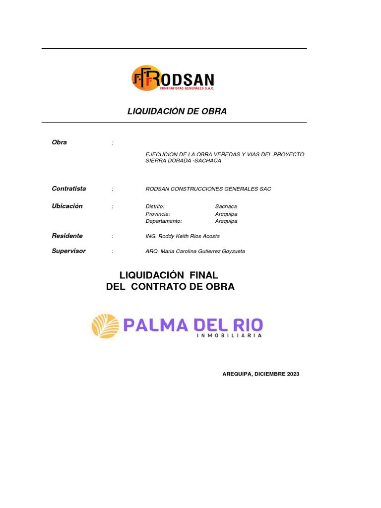 Liquidacion Rodsan-Palma Del Rio (Sachaca - Vereda) | PDF