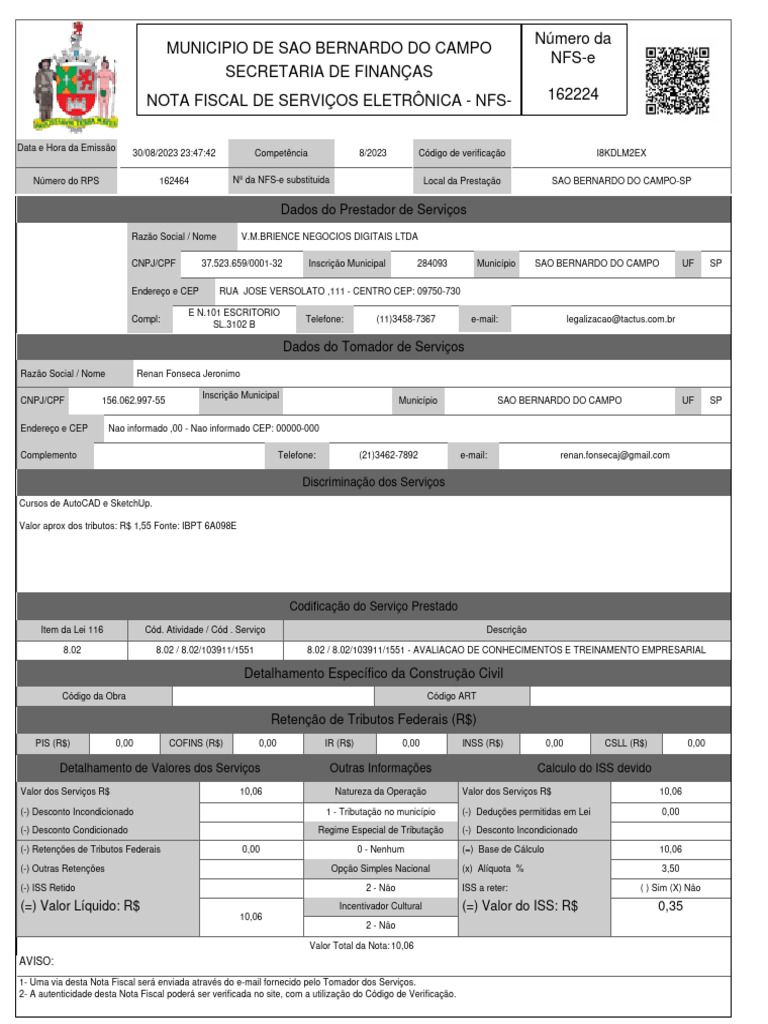Municipio de Sao Bernardo Do Campo Secretaria de Finanças Nota Fiscal ...