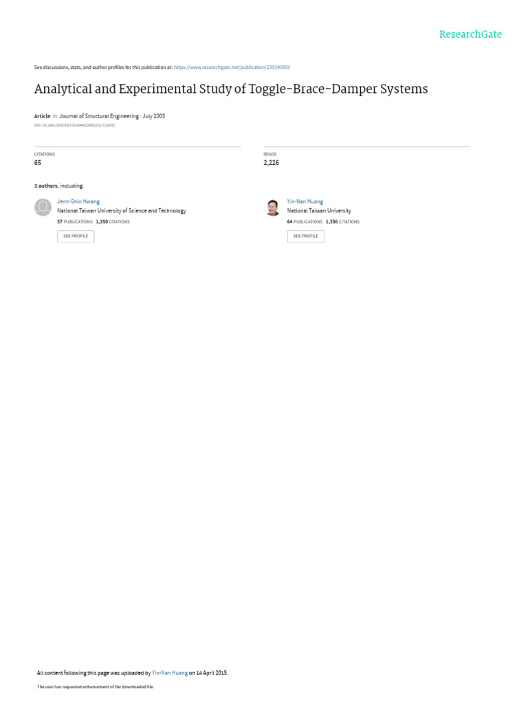 Analytical and Experimental Study of Toggle-Brace-Damper Systems | PDF ...