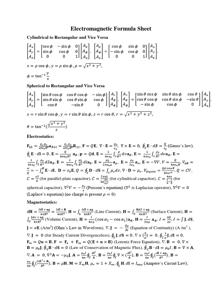 Electromagnetic Formula Sheet | PDF | Mathematical Objects | Equations
