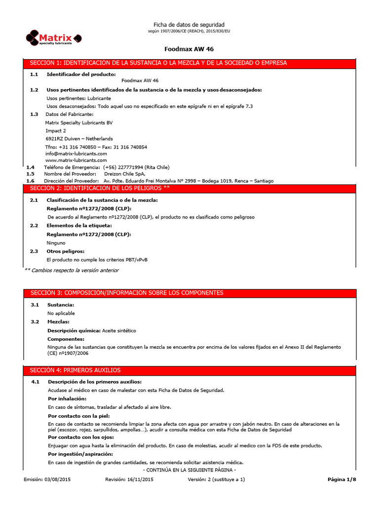 FDS Foodmax AW 46 | PDF | Toxicidad | Residuos