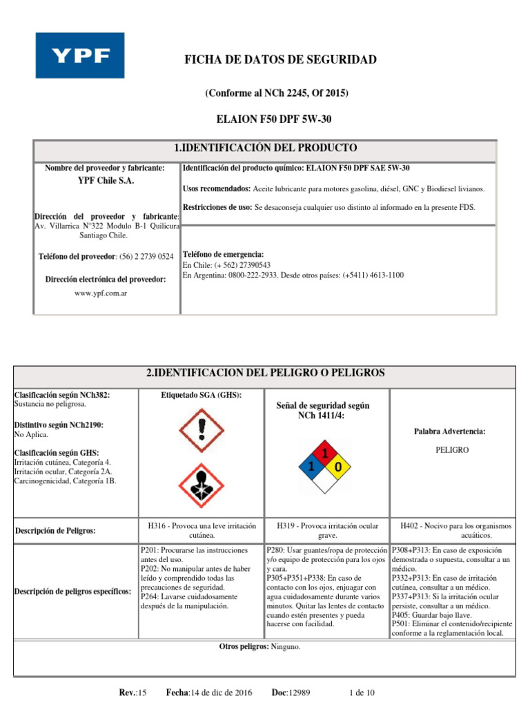 Ficha Seguridad ELAION F50 DPF 5W-30 | PDF | Agua | Solubilidad
