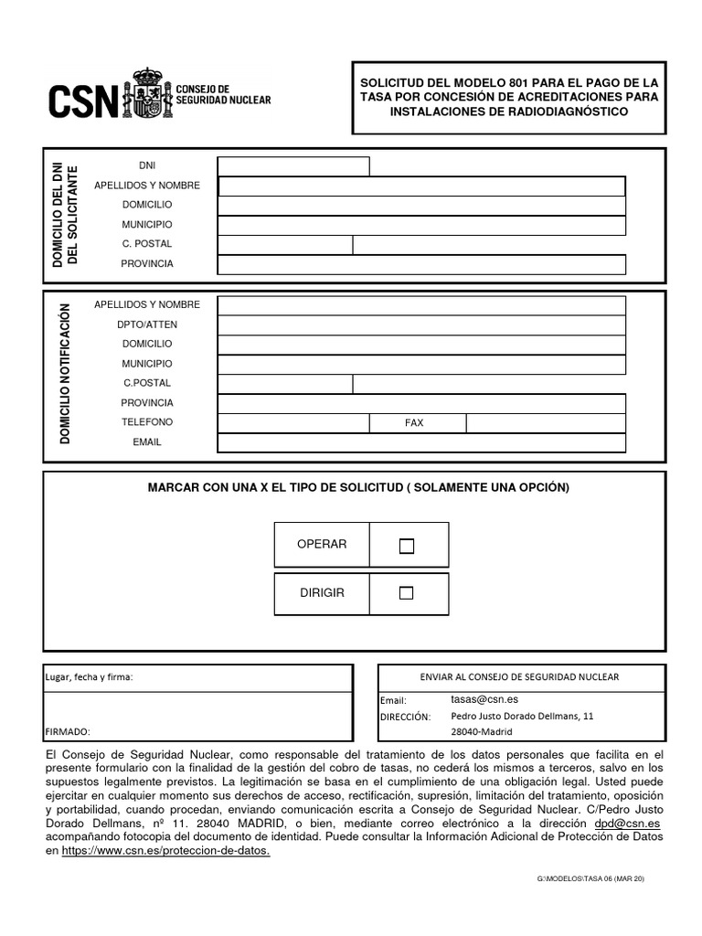 Solicitud Del Modelo 801 para El Pago de La Tasa Por Concesión de ...