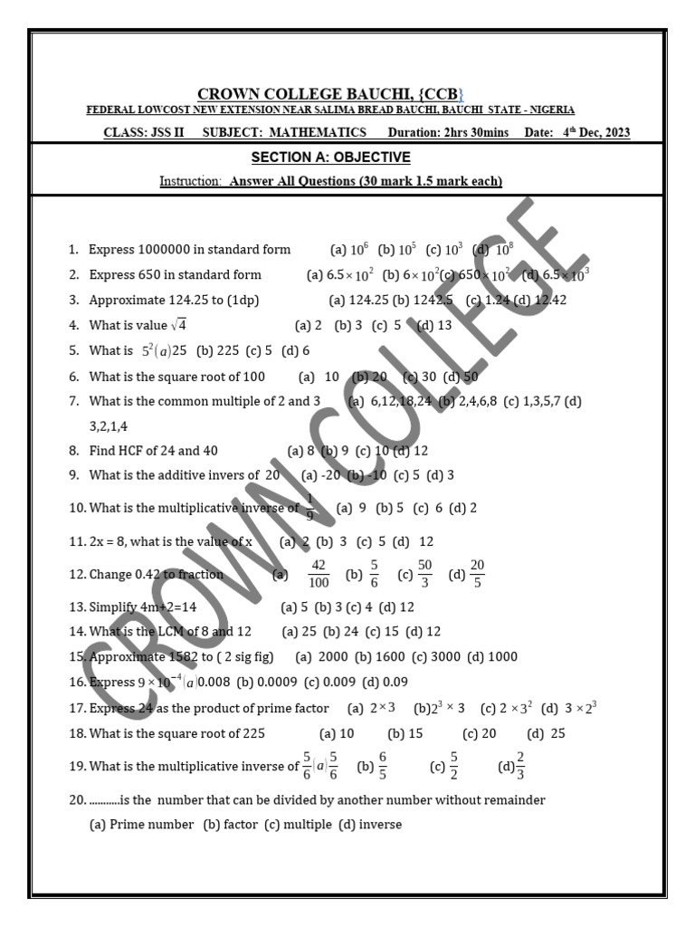 Updated JSS Ii Crown Math-1 | PDF | Mathematical Objects | Mathematical Concepts