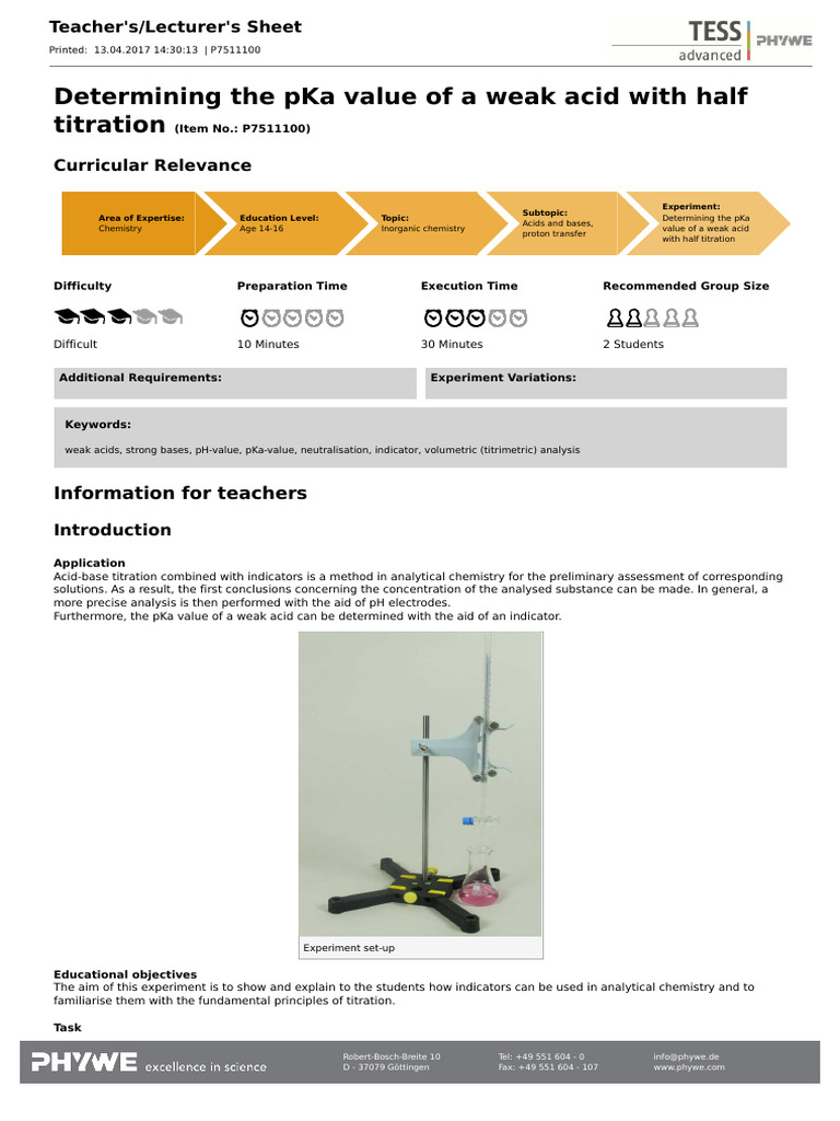 Determining The Pka Value of A Weak Acid With Half Titration | PDF ...