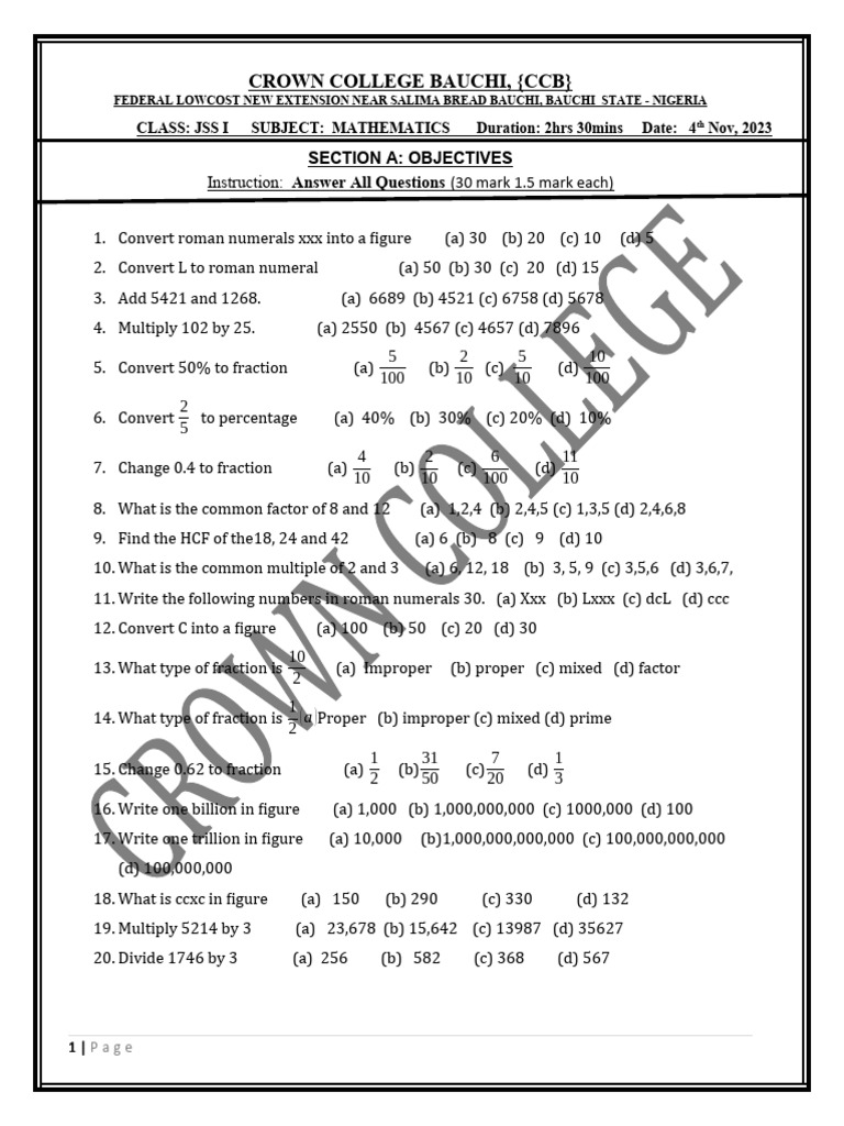 JSS1 Mathematics Exam Questions | PDF